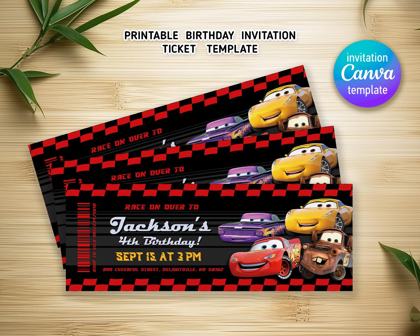 Printable Cars Ticket Invitation, Lightning Mcqueen Movie Party Invite ...