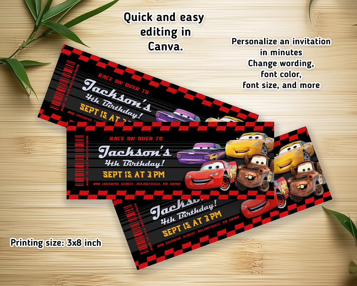 Printable Cars Ticket Invitation, Lightning Mcqueen Movie Party Invite ...