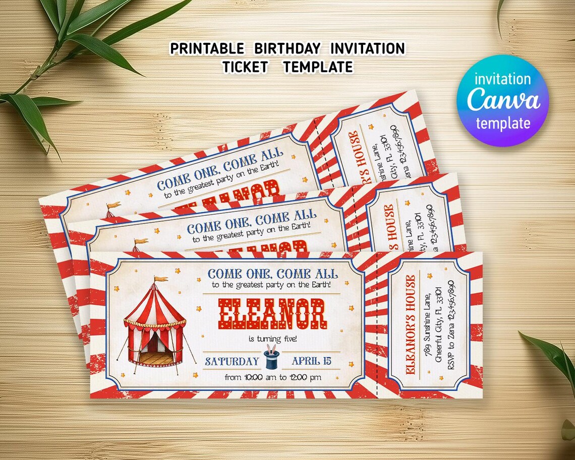 Circus Birthday Invitation, Printable Ticket Invitation, Circus Party ...