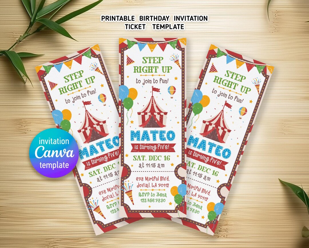 Circus Birthday Invitation, Printable Ticket Invitation, Circus Party ...