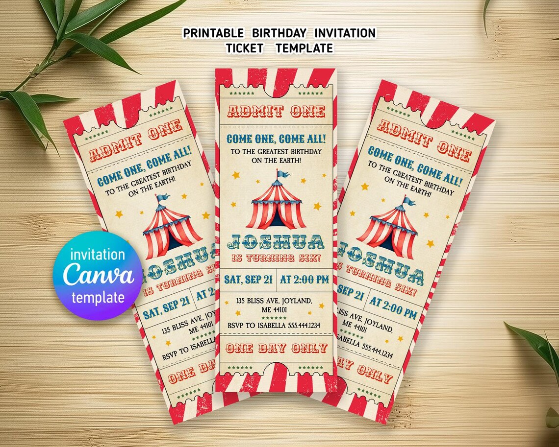 Circus Birthday Invitation, Printable Ticket Invitation, Circus Party ...