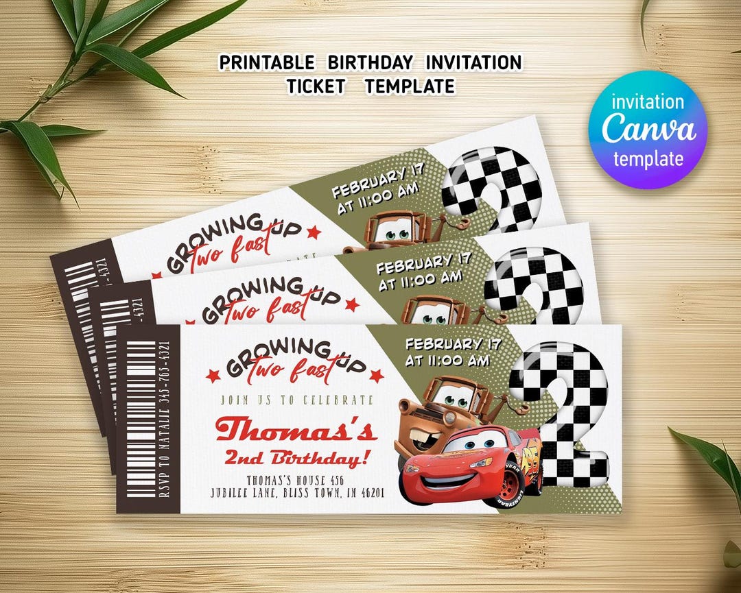 Printable Cars Ticket Invitation, Lightning Mcqueen Movie Party Invite ...