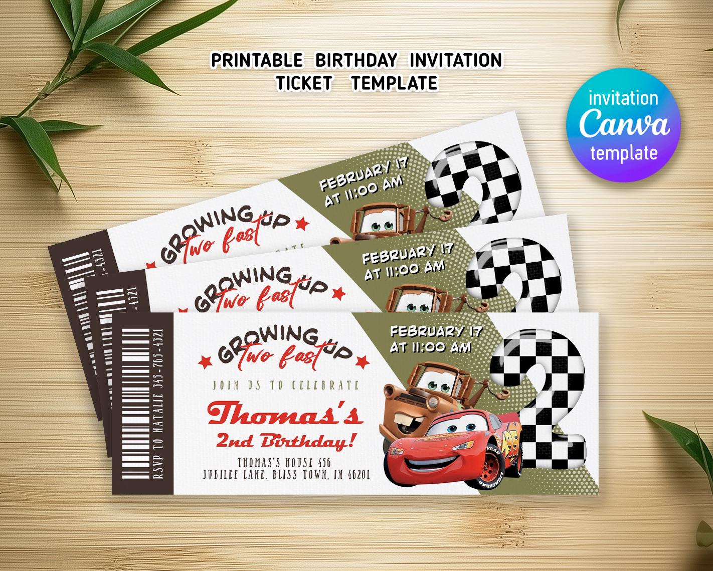 Printable Cars Ticket Invitation, Lightning Mcqueen Movie Party Invite ...