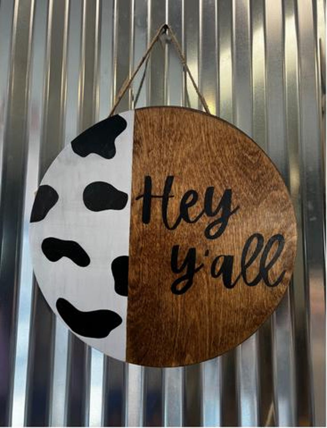 Hey Y’all Door Sign – Cow Print and Wood Stain Front Door Hanger ...