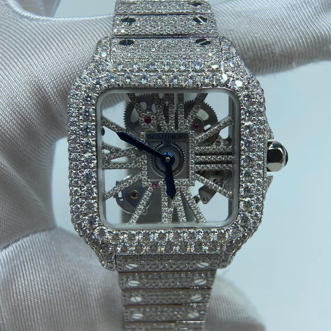 VVS Moissanite Diamond Watch Iced Out Stainless Steel Cartier Skeleton ...