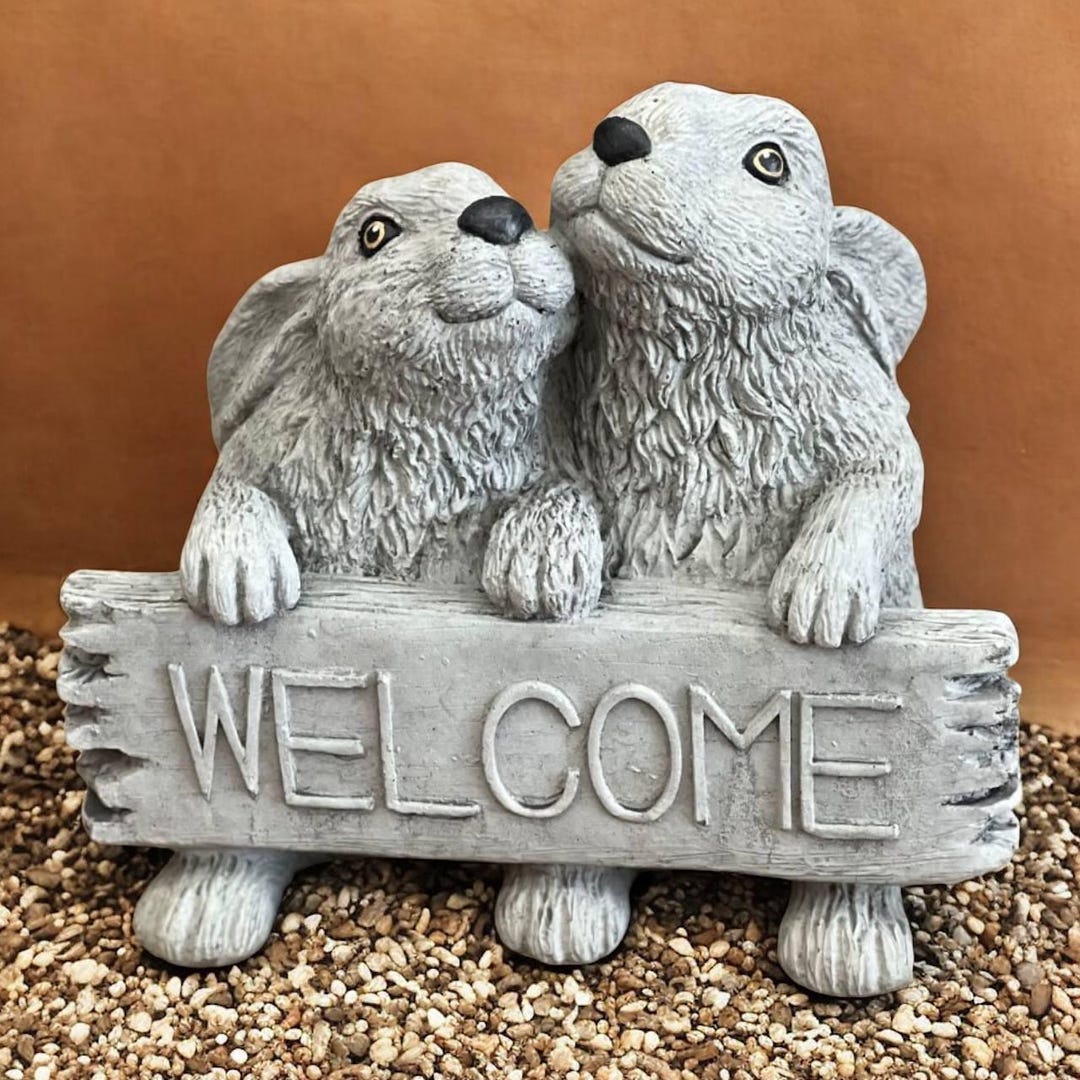 Welcome Rabbits Figure Stone Bunnies Decor Garden Ornament Backyard ...