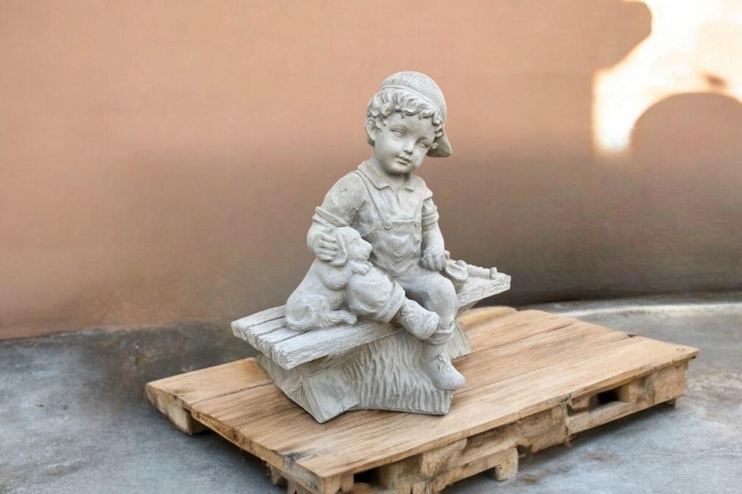 Stone Boy Statue Concrete Boy Decoration Child and Dog Sculpture Home ...