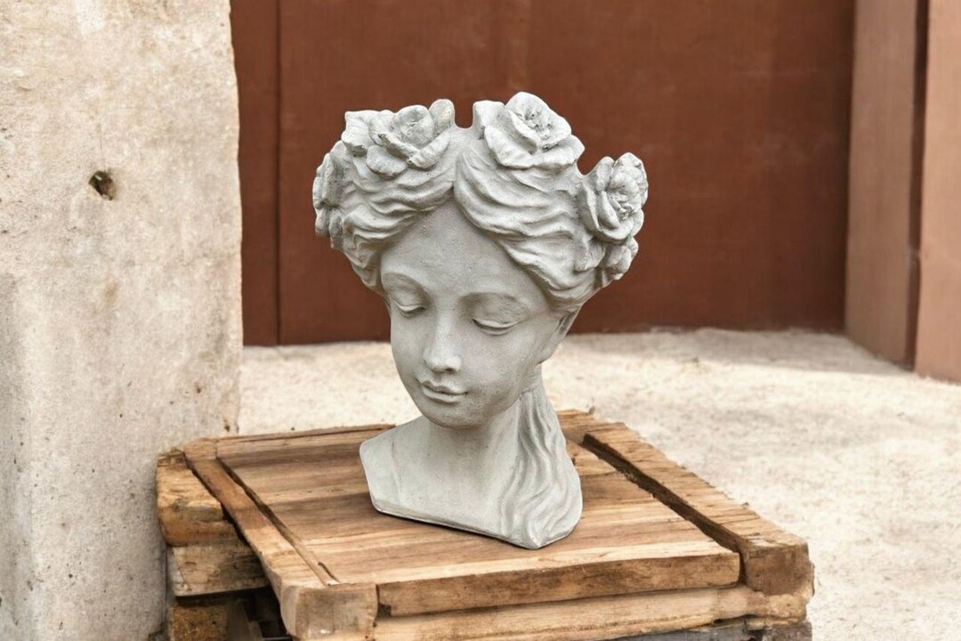 Girl Bust Decoration Concrete Head Planter Girl Figure Stone Plant Pot ...