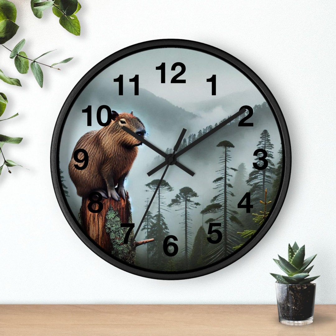 Mountain Pine Wall Clock, Sad Capybara Watercolor Art, Forest Theme ...