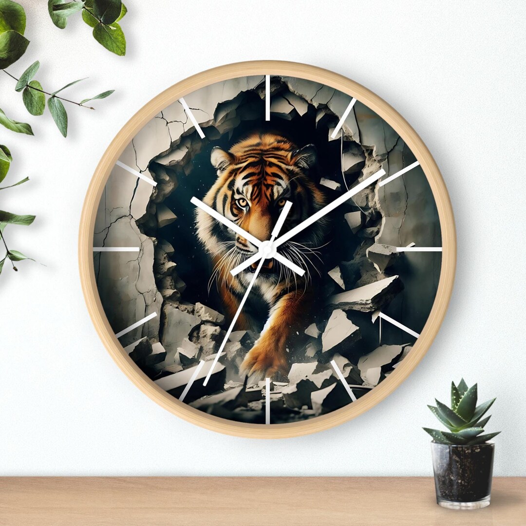 Wild Tiger Coming Out of a Hole Wall Clock,tiger Design Clock, Wooden ...