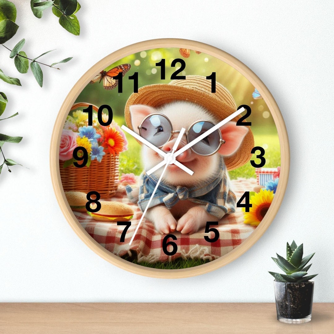 Pig Having a Picnic Wall Clock, Cute Pig Clock, Nature Motif Wall Clock ...