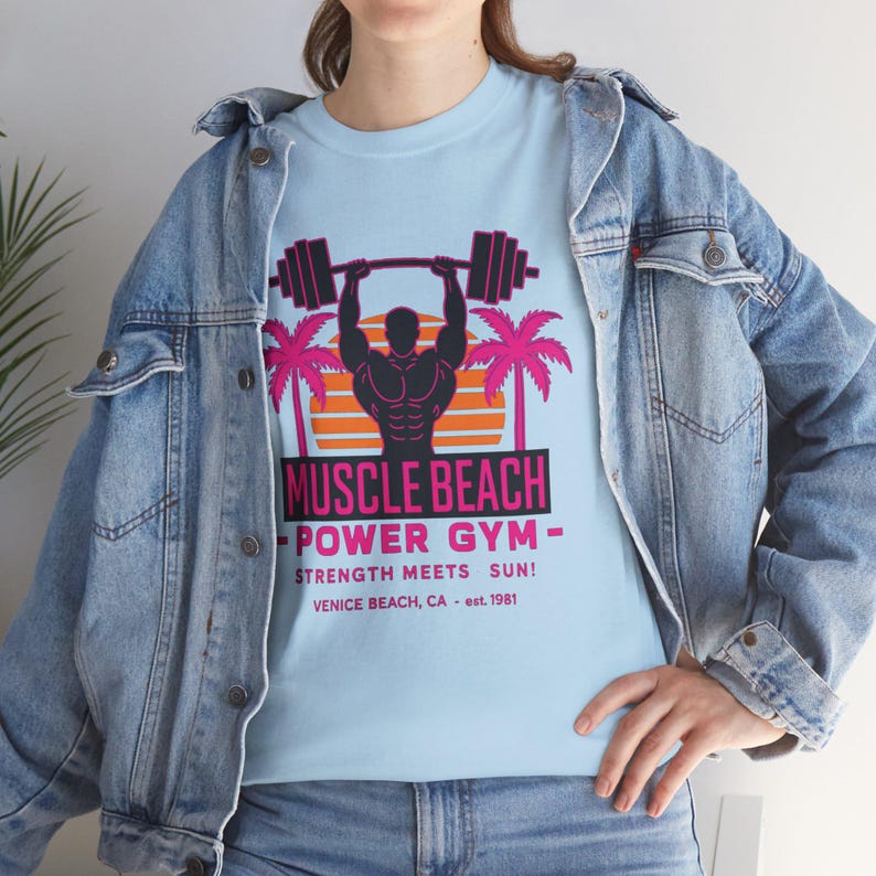 Muscle Beach Power Gym T-shirt, Neon Weightlifting Logo Tee, Venice ...