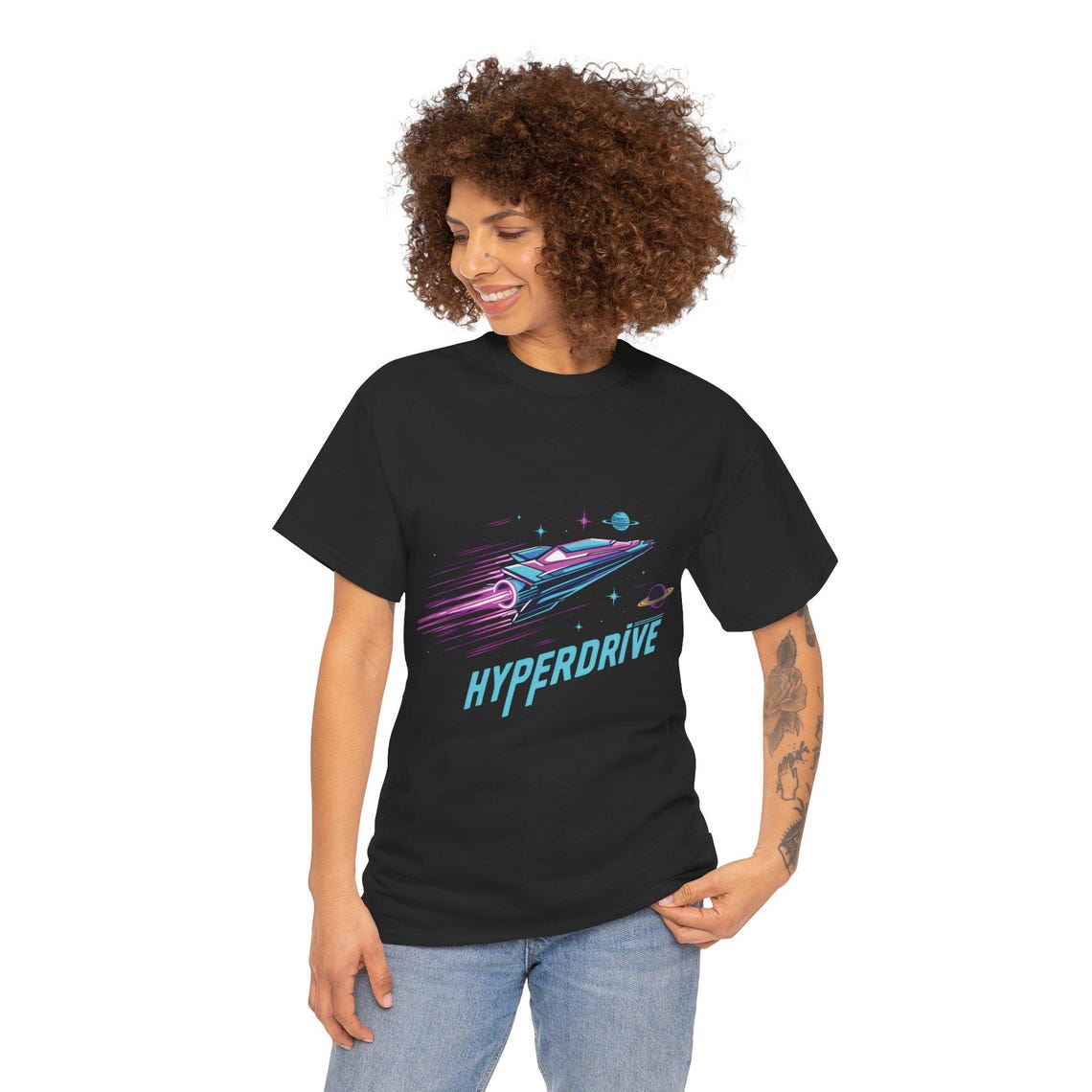 Hyperdrive T-shirt, Futuristic Spaceship Logo Tee, Neon Light Trails ...