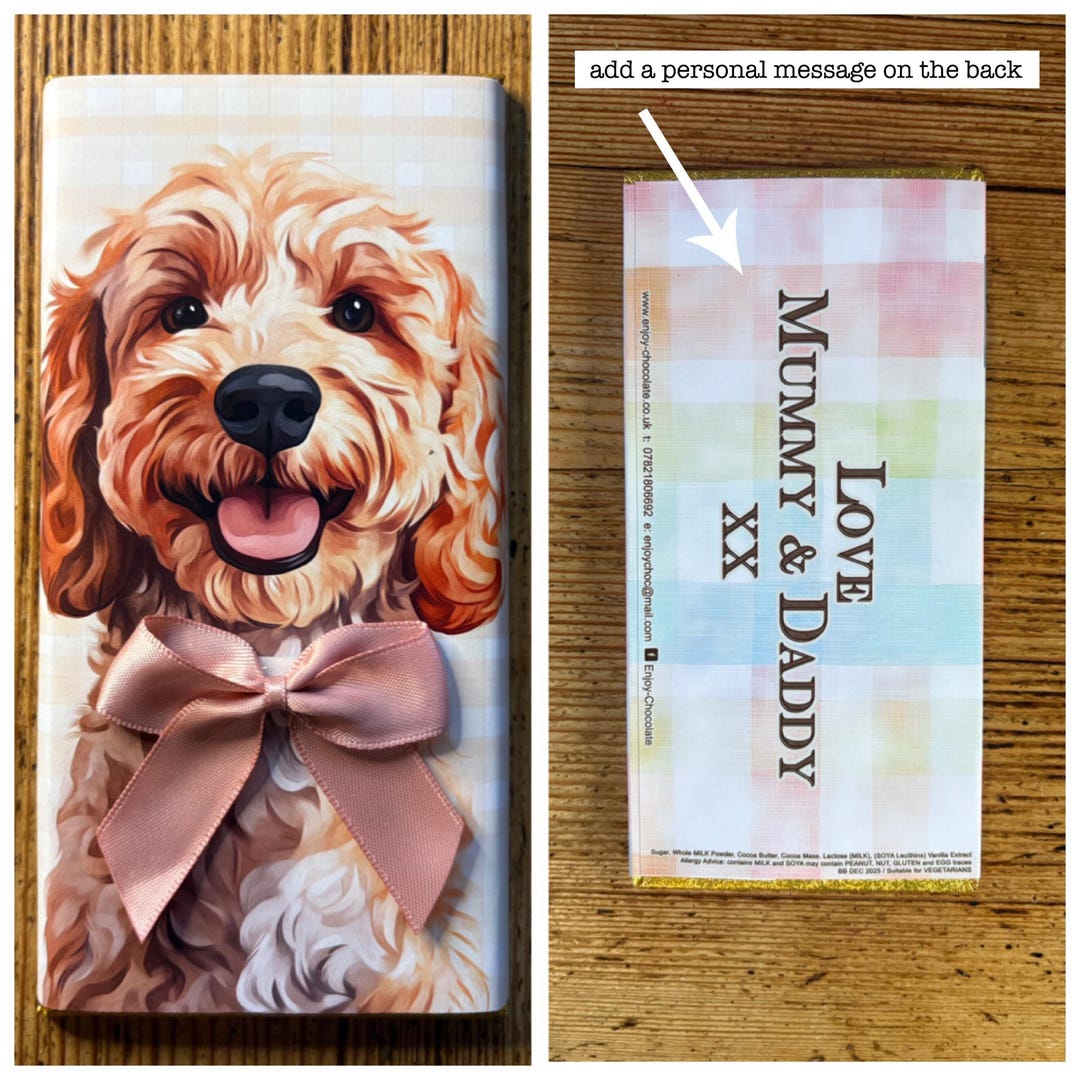 COCKERPOO DOG Chocolate Bar Personalised With Message With Bow - 100gm ...