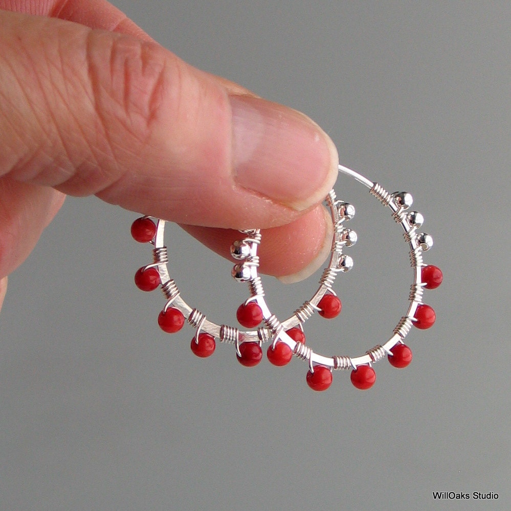 Red Coral Hoop Earrings Sterling Hoops With Bright Red Beads - Etsy
