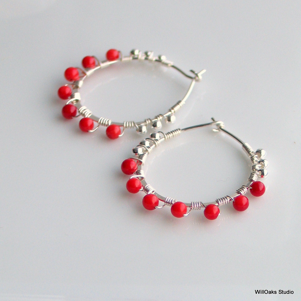 Red Coral Hoop Earrings Sterling Hoops With Bright Red Beads - Etsy