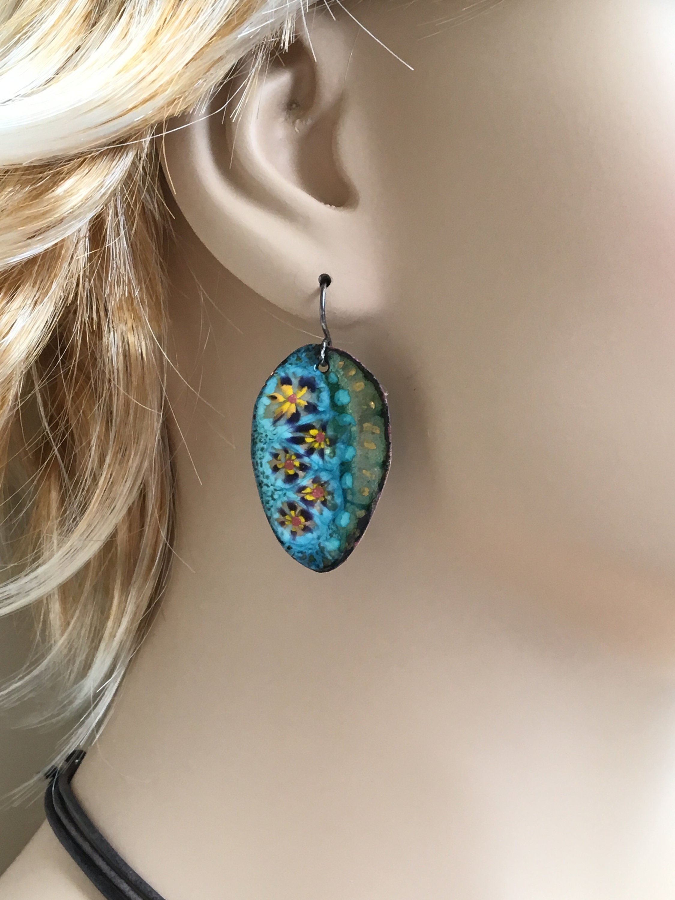 Copper Enamel Teal Earrings Leaf Shaped Enameled Jewelry Teal And Gold