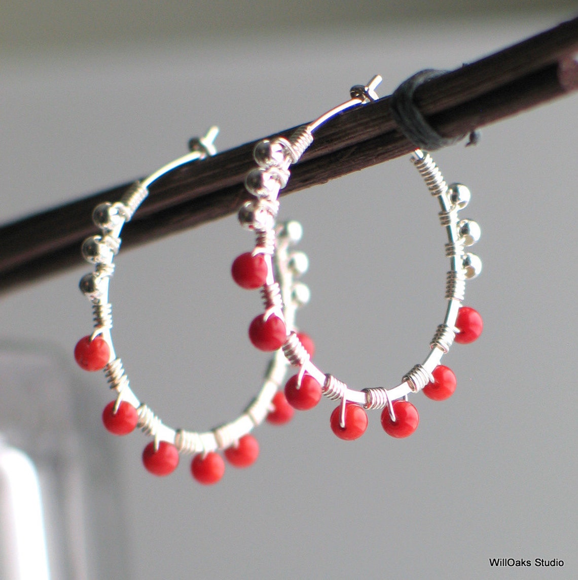 Red Coral Hoop Earrings Sterling Hoops With Bright Red Beads - Etsy