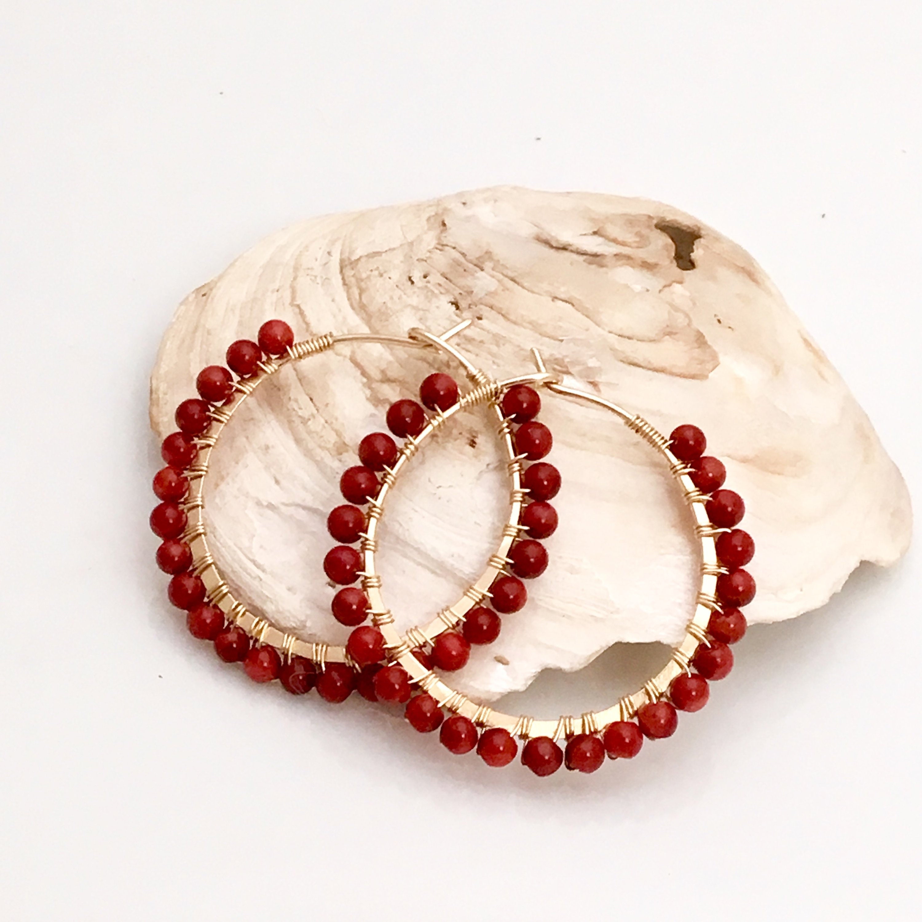Red Coral Hoops, Handmade Beaded Petite Earrings in Red and Gold, Red ...