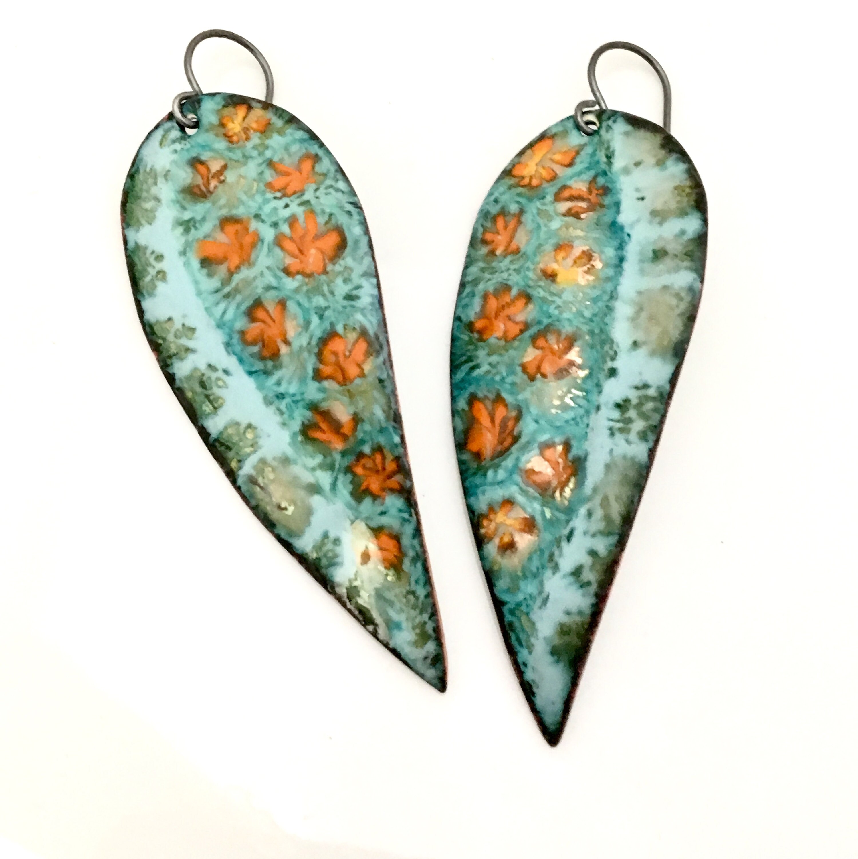 Long Enameled Earrings, Turquoise Flower Dangles, Beautiful Color ...