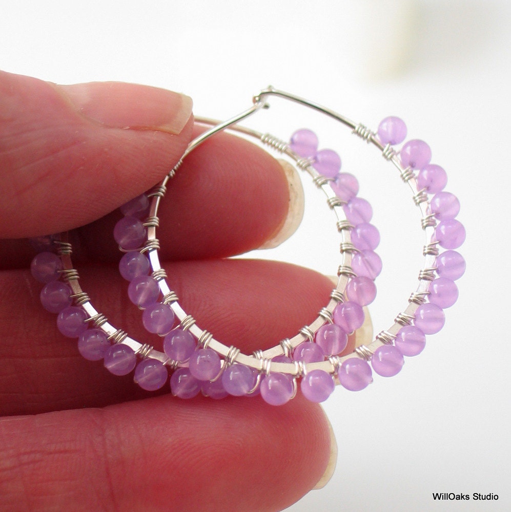 Large Purple Hoop Earrings Lavender Beaded Hoops In Sterling Or Gold
