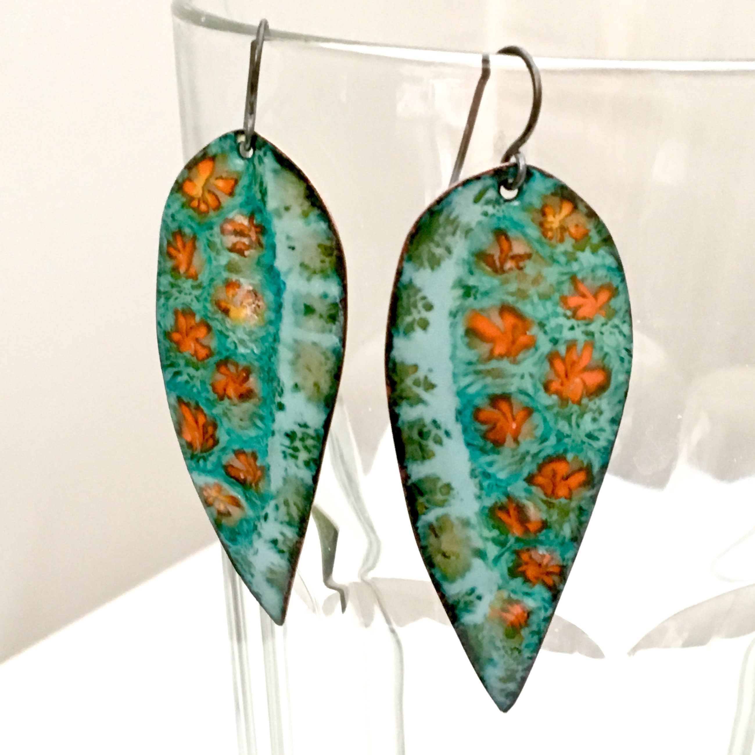 Long Enameled Earrings, Turquoise Flower Dangles, Beautiful Color ...