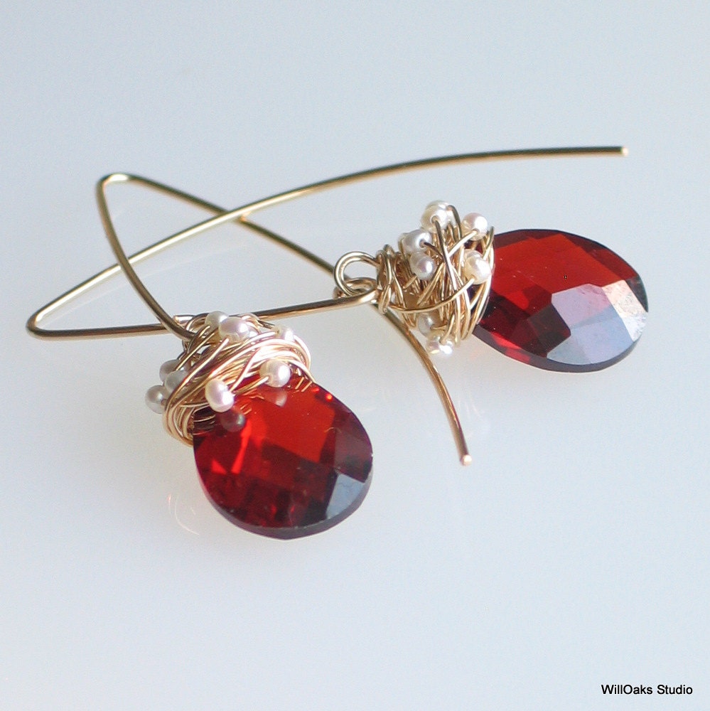 Red and Gold Earrings, Pearl Wrapped Cubic Zirconia in Gold, Scarlet ...