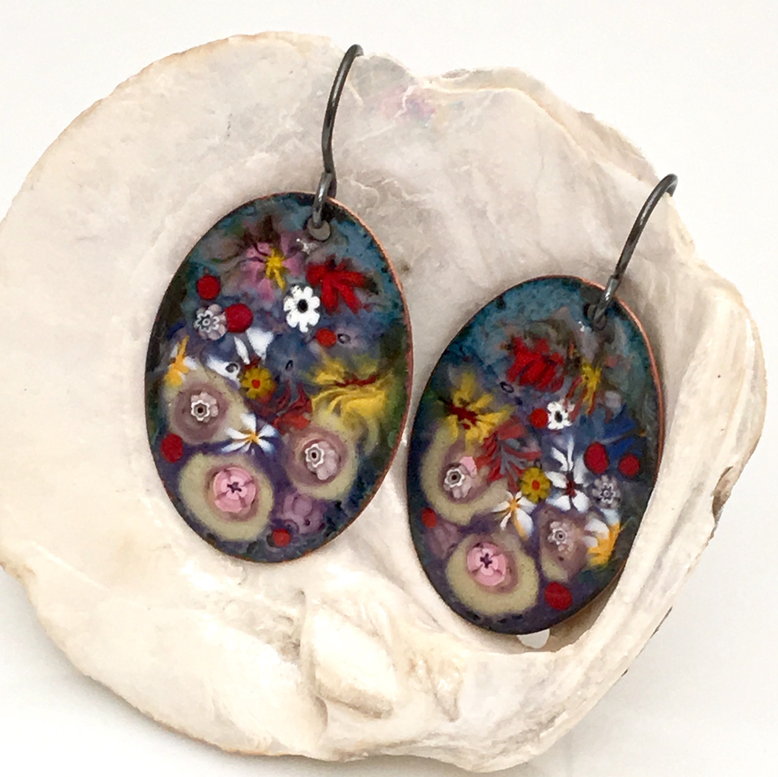 Enamel Jewelry, Enameled Earrings, Colorful Flower Design, Artisan ...