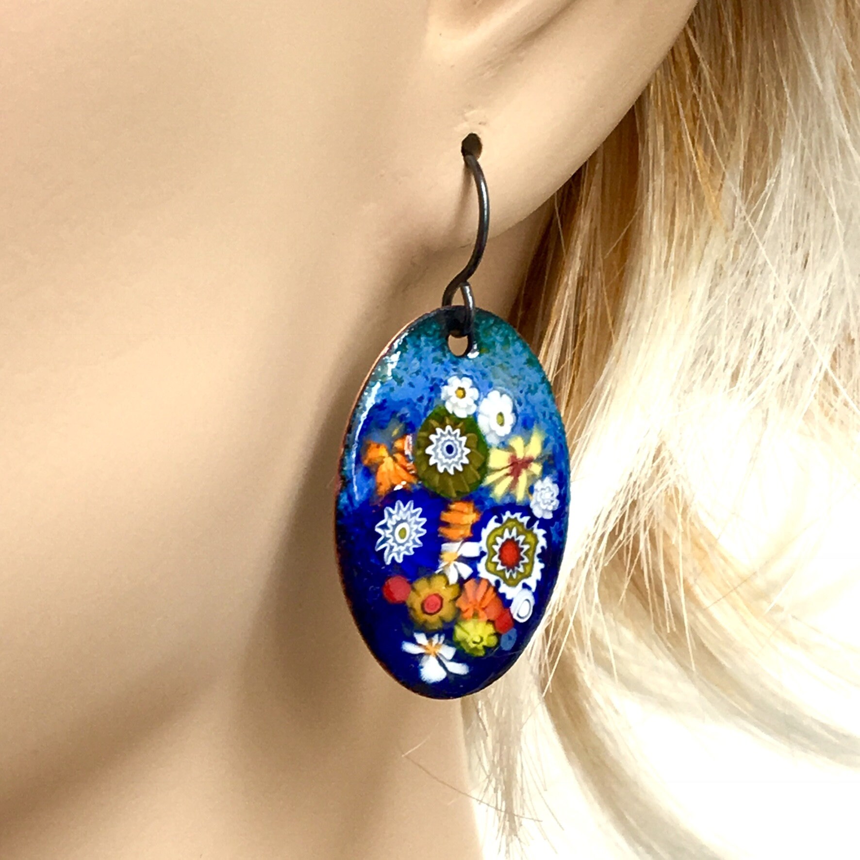 Colorful Enamel Jewelry, Copper Enameled Earrings,Blue Yellow & Orange ...