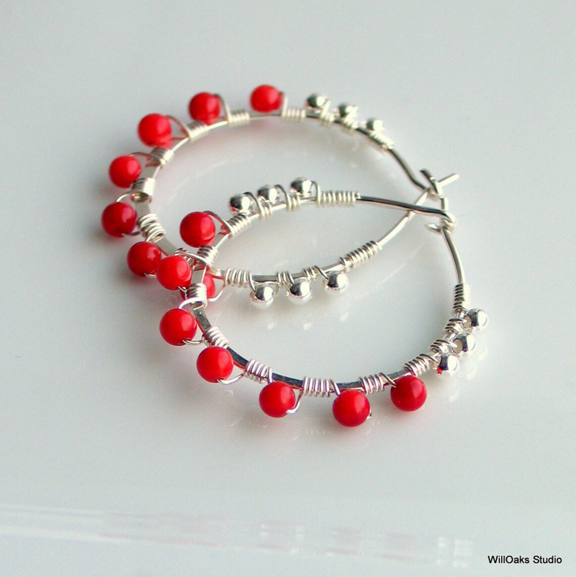 Red Coral Hoop Earrings Sterling Hoops With Bright Red Beads - Etsy