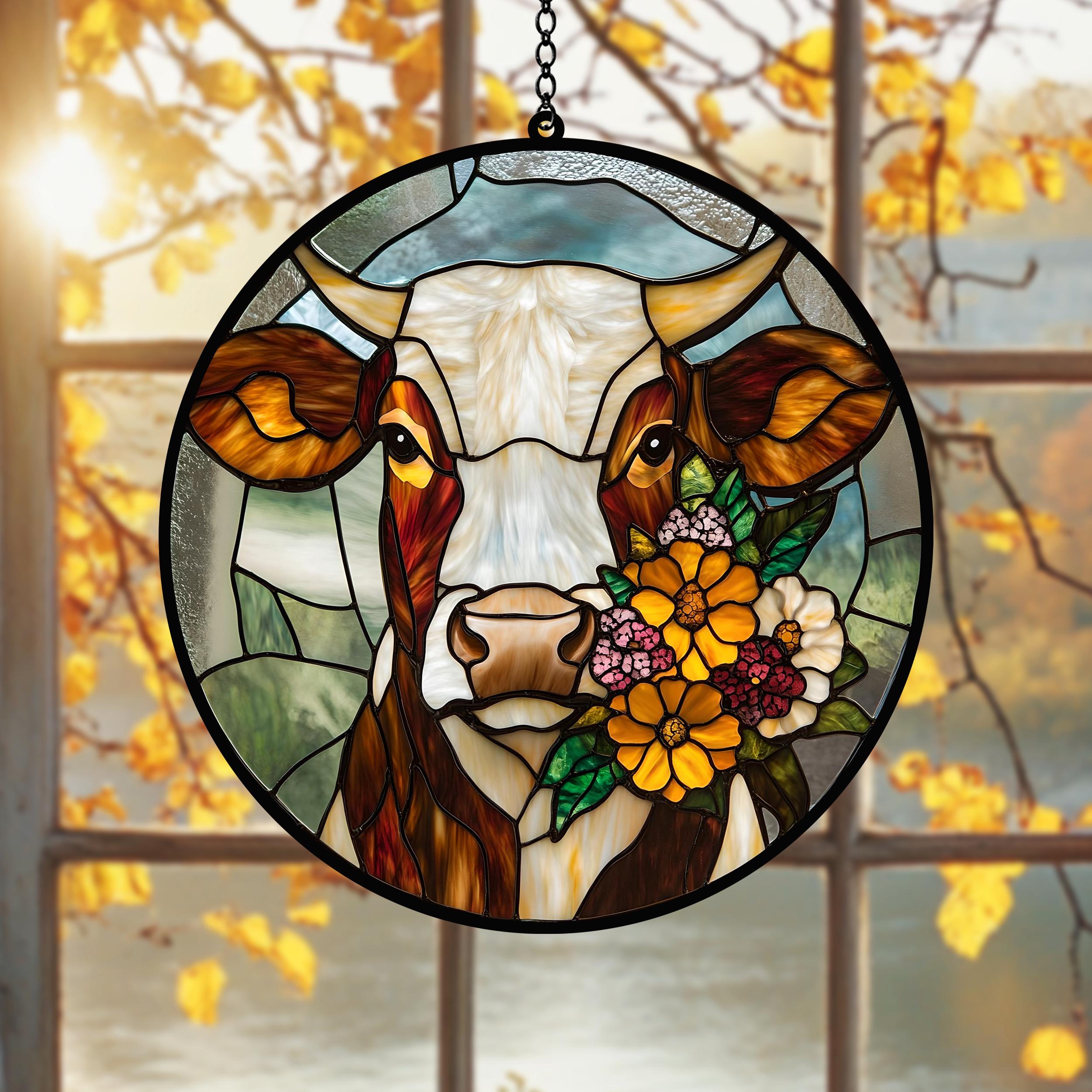Highland Cow Acrylic Suncatcher, Faux Stained Glass Window Hanging ...