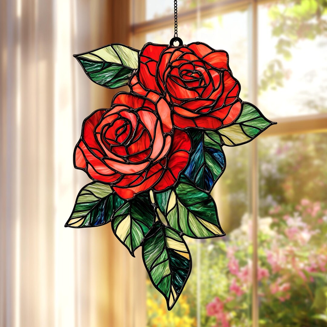 Custom Red Roses Faux Stained Glass Suncatcher, Red Rose ACRYLIC Window ...
