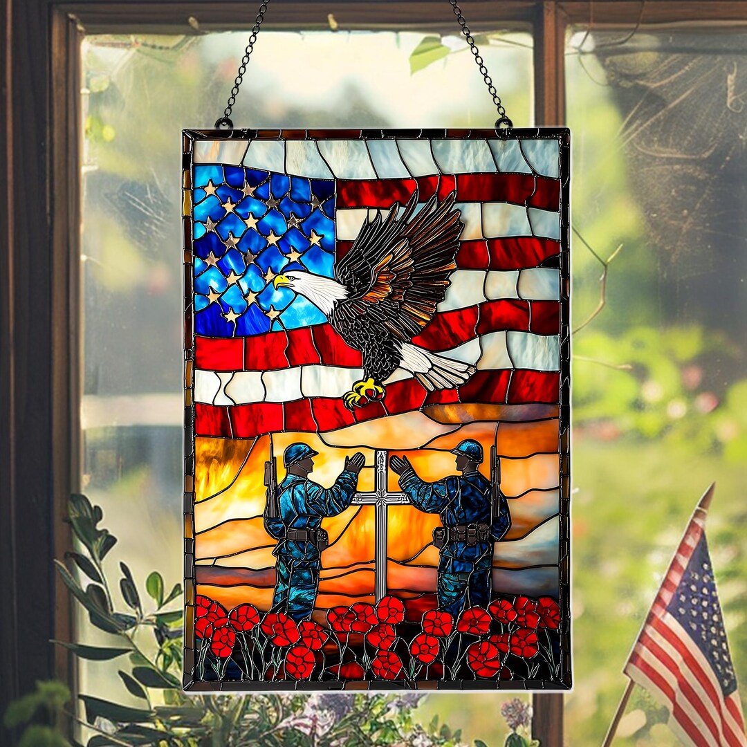 Bald Eagle and Cross Patriotic Memorial Suncatcher, Acrylic Window ...