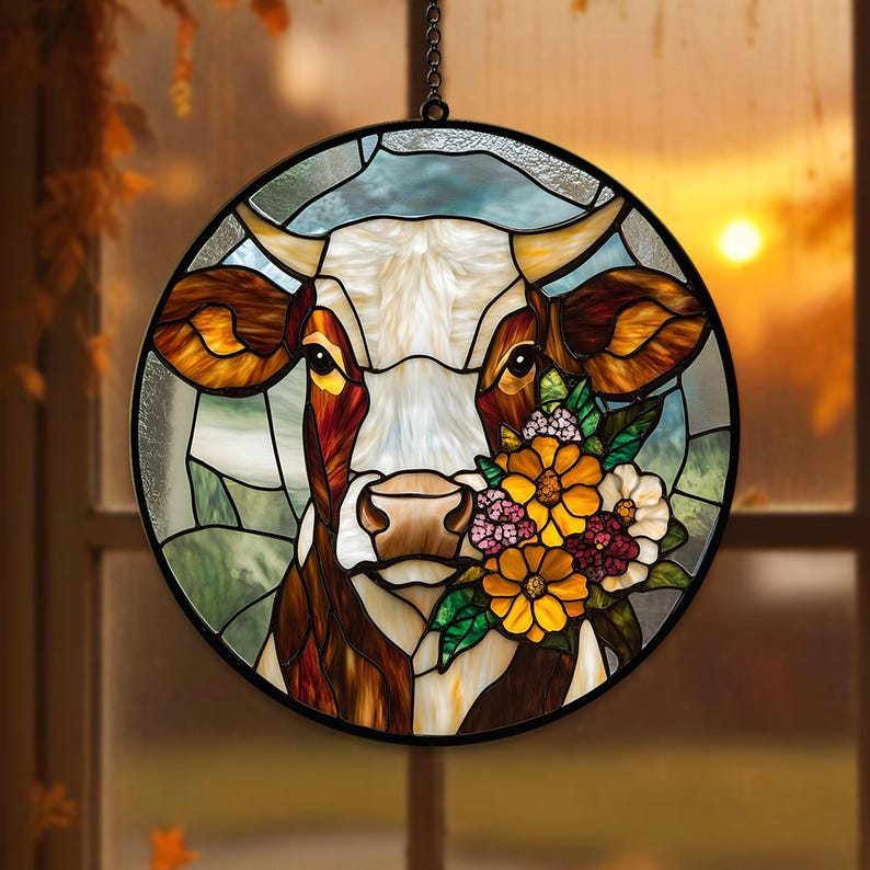 Highland Cow Acrylic Suncatcher, Faux Stained Glass Window Hanging ...