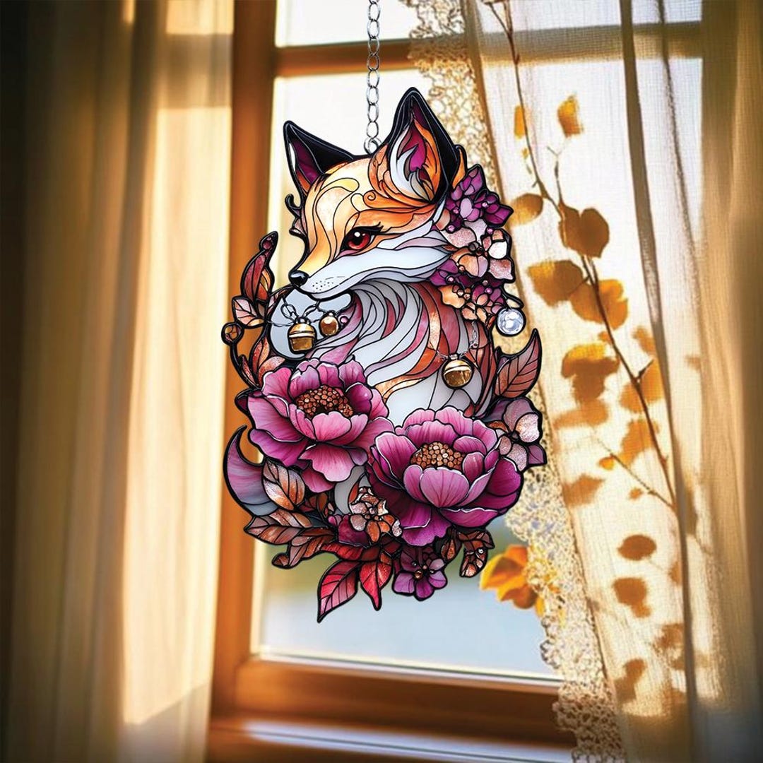 Acrylic Floral Fox Faux Stained Glass Suncatcher | Woodland Window ...
