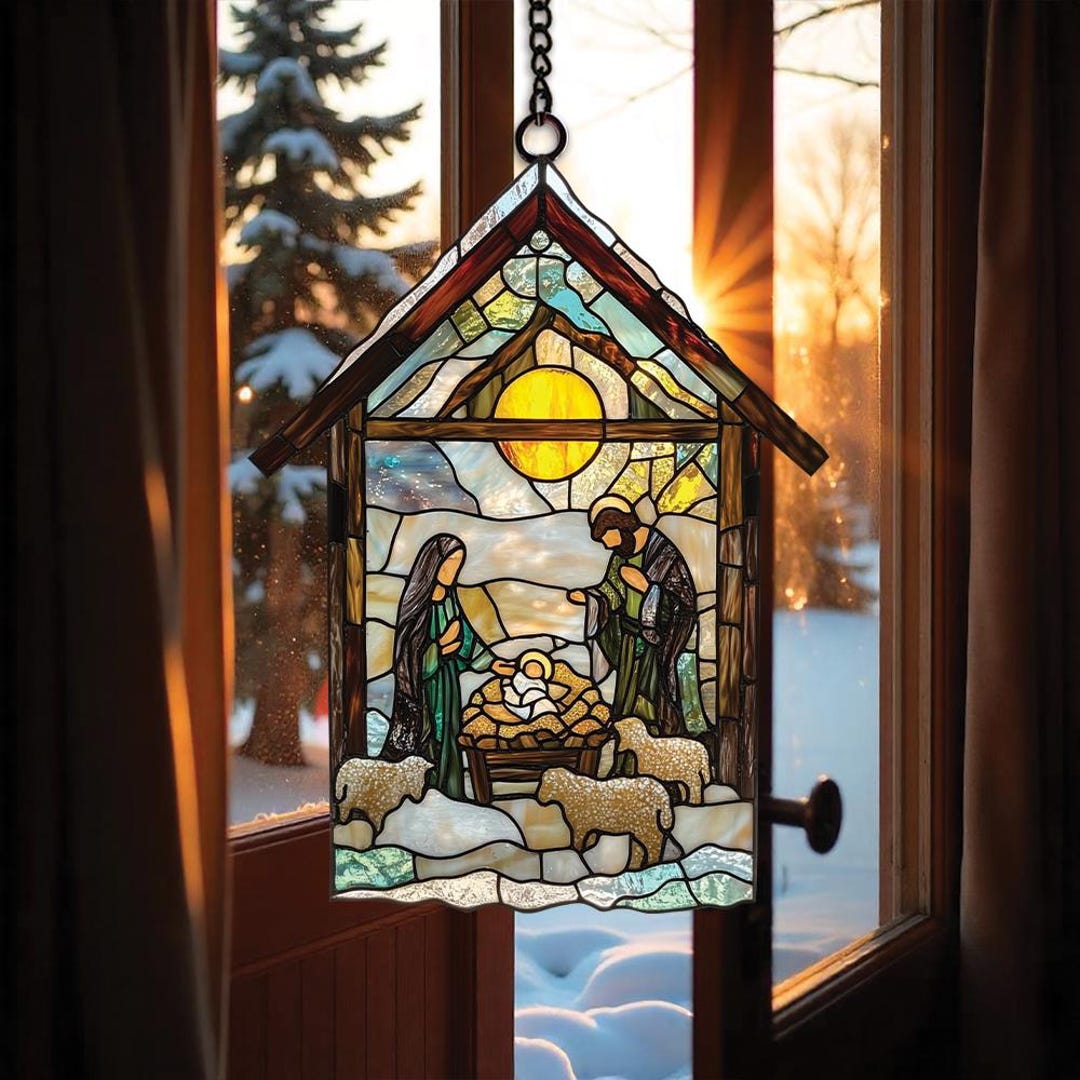 Christian Nativity Scene Suncatcher, Faux Stained Glass Ornament, Ideal ...