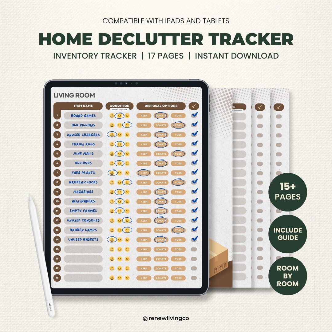 Digital Decluttering Inventory Tracker, Room-by-room Decluttering ...