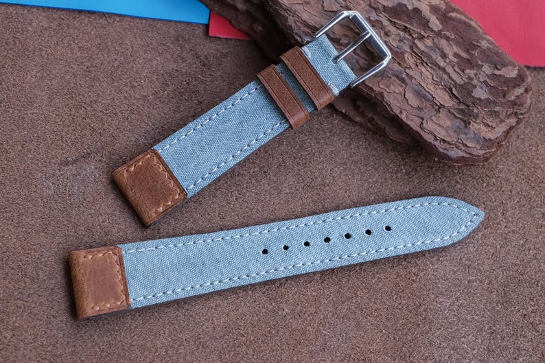 Canvas Leather Watch Strap Light Blue– Handmade Genuine Replacement ...