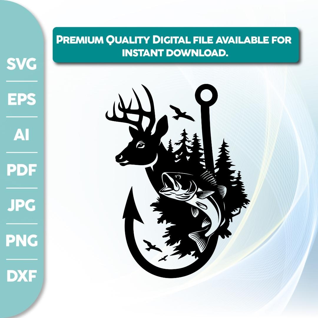 Deer Fish Tree Scene on Fishing Hook SVG PNG Files for Cutting Machines ...