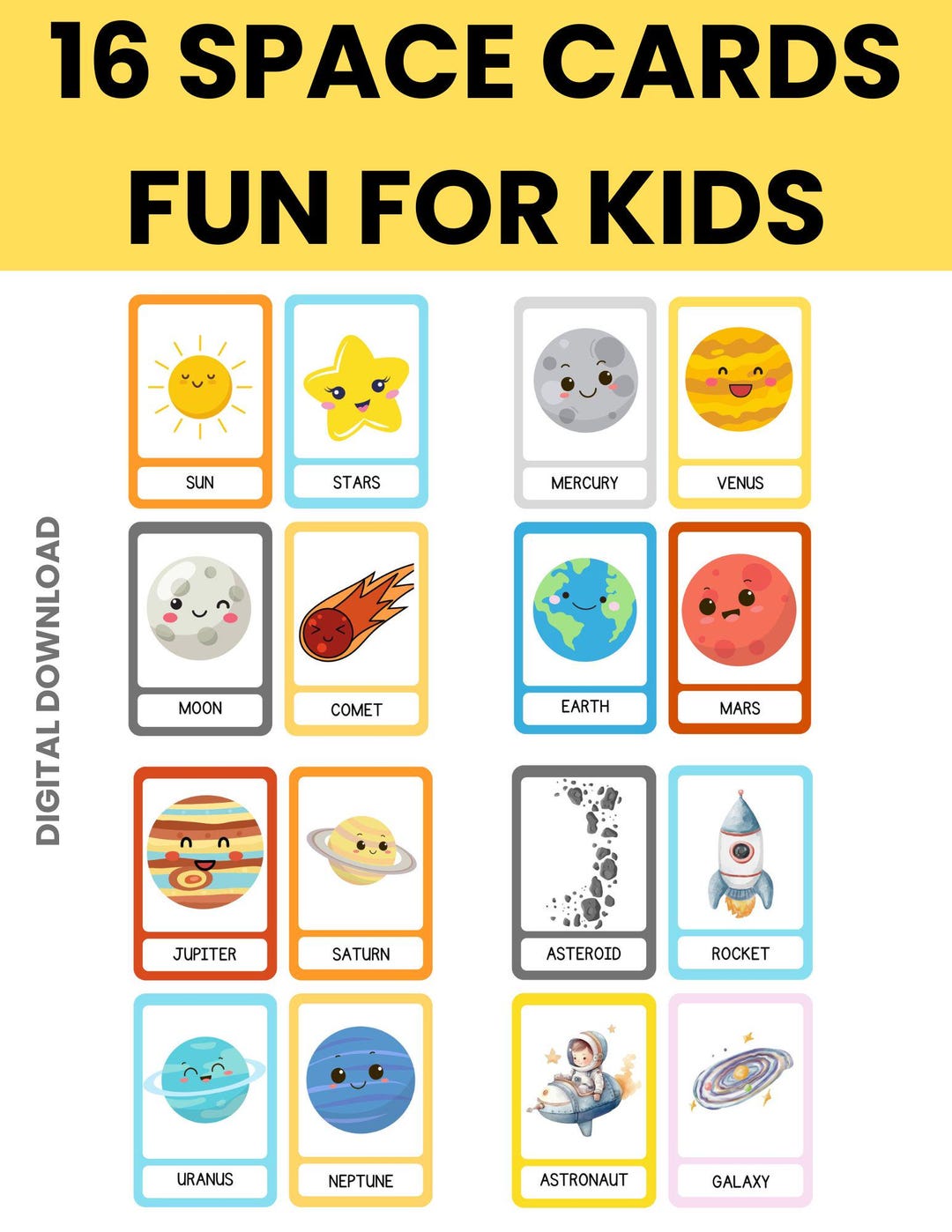 16 Cute Space-themed Flashcards for Kids Digital PDF for Homeschooling ...