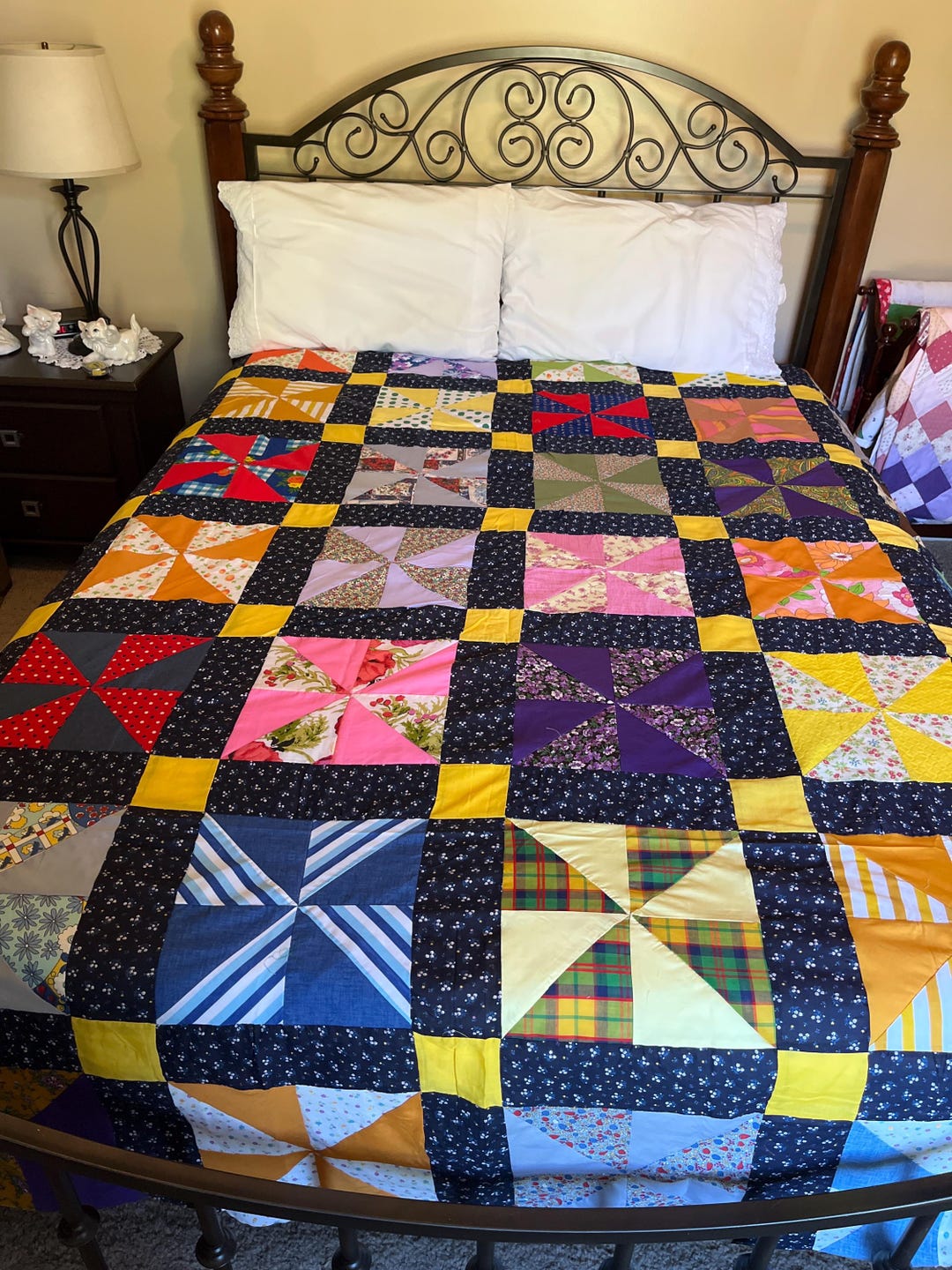 Vintage Windmill Quilt Top - Hand Pieced Queen/king Size 95” X 79” Quilt Top - Windmill Block ...