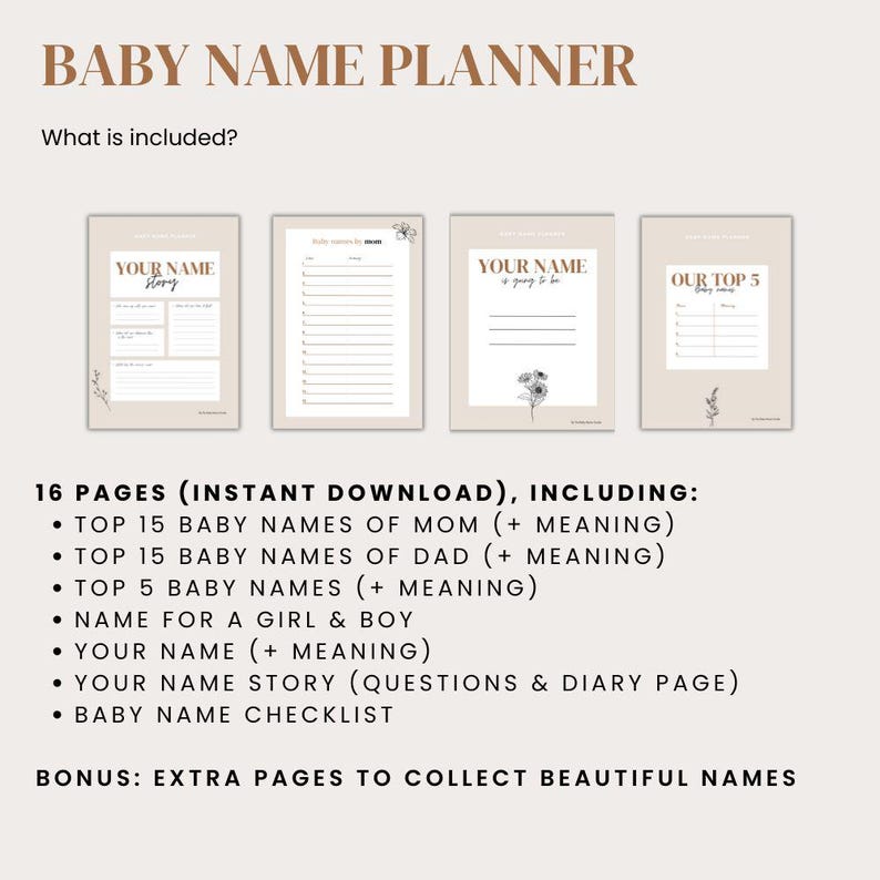 Baby Name Planner Printable Beige Flowers | Baby Name Tracker for ...