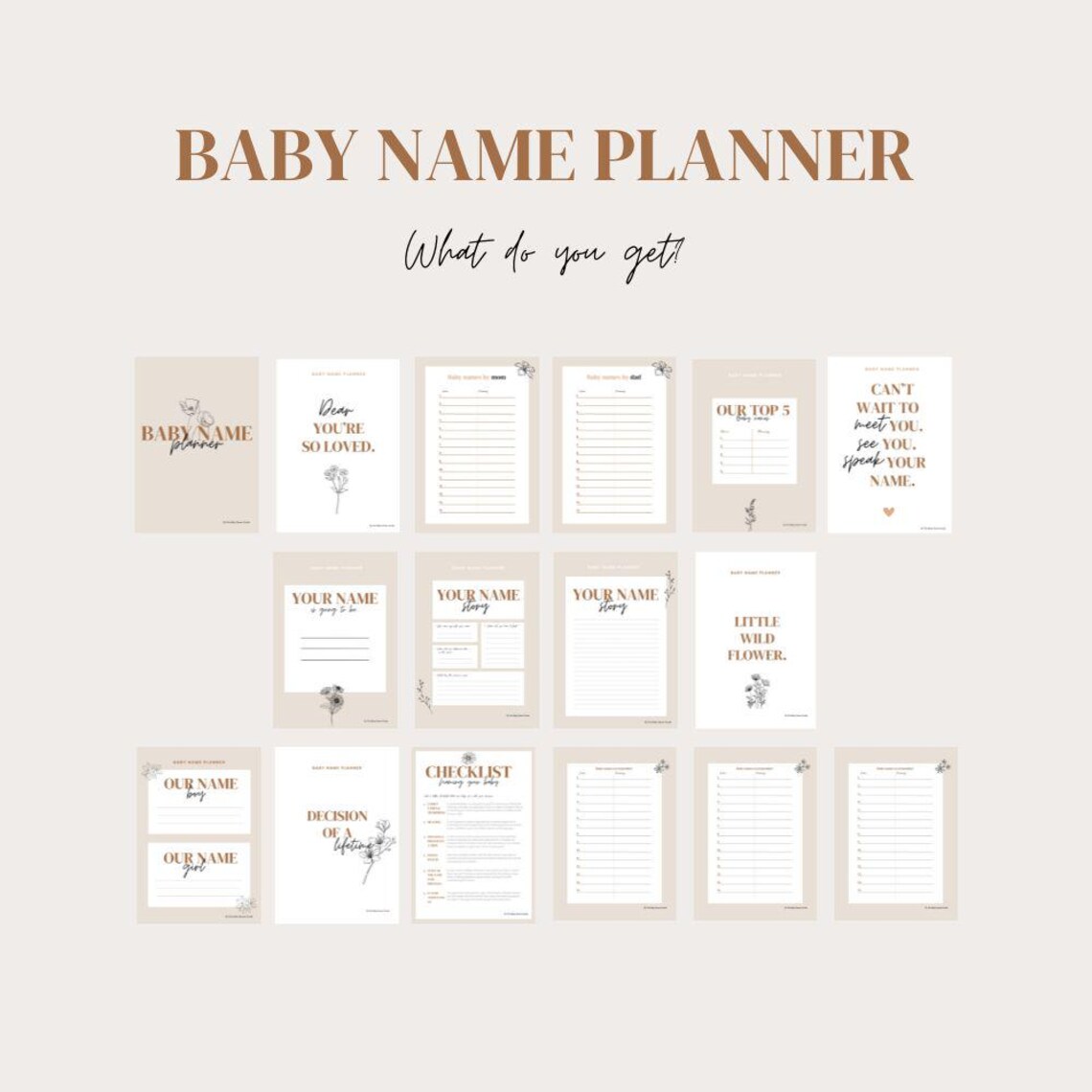 Baby Name Planner Printable Beige Flowers | Baby Name Tracker for ...