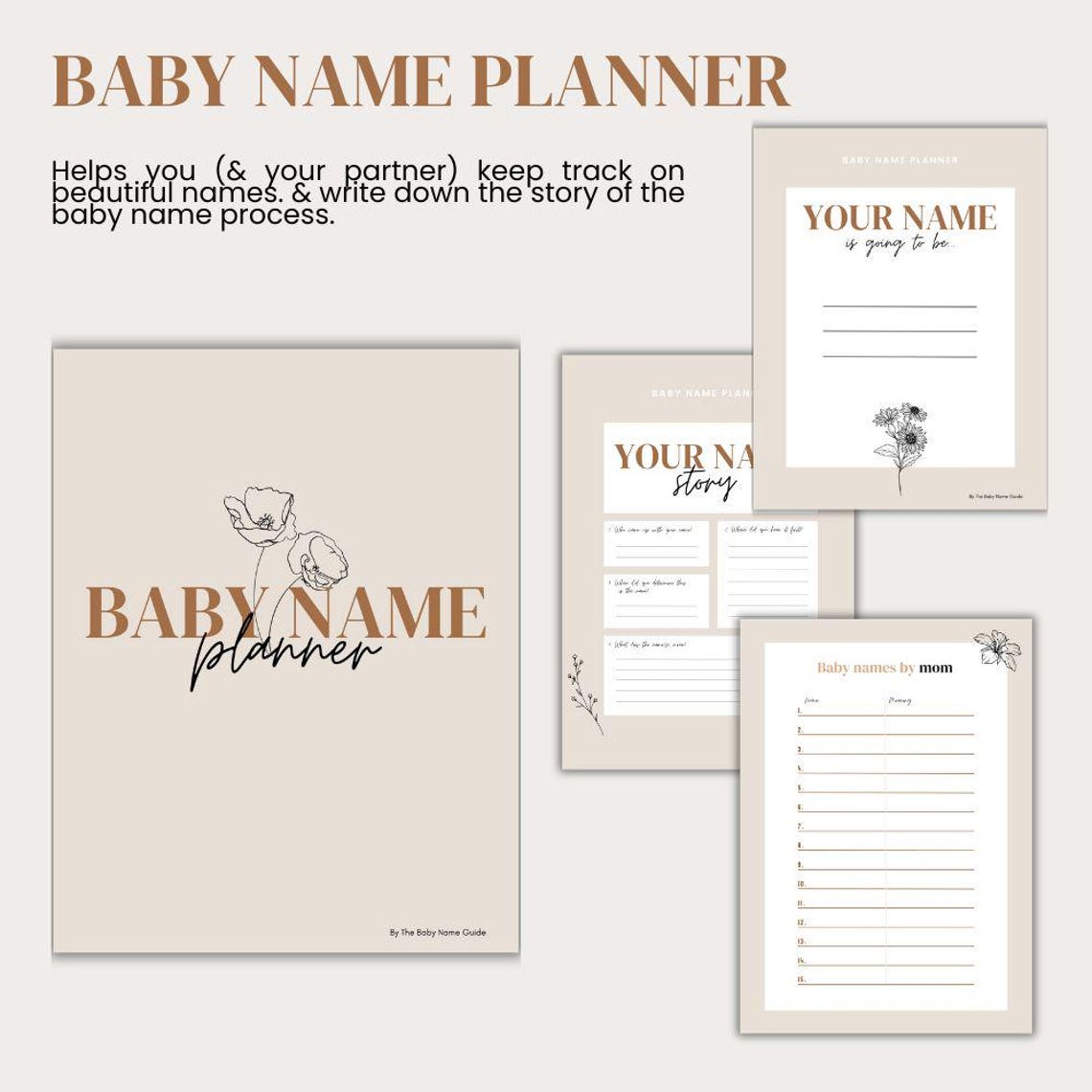 Baby Name Planner Printable Beige Flowers | Baby Name Tracker for ...