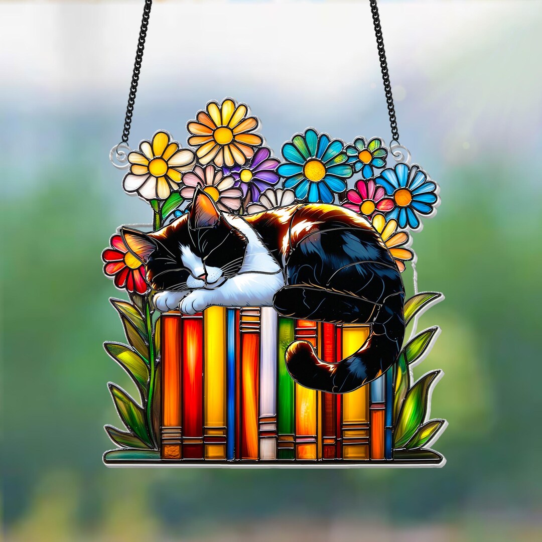 Personalized Cat Book Suncatcher Reading Cat Bookish Gift, Cat Window ...