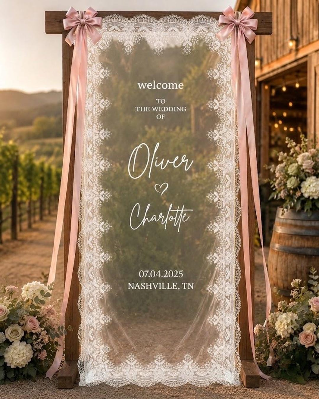 Personalized Lace Wedding Welcome Sign, Custom Sheer Fabric Wedding ...