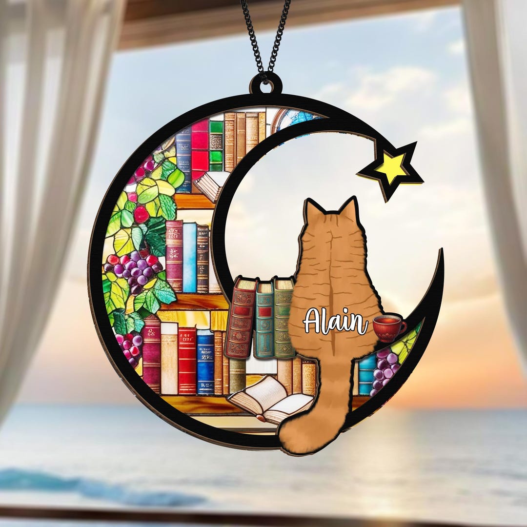 Personalized Cat Book Suncatcher, Cat Suncatcher, Gift for Book Lover ...
