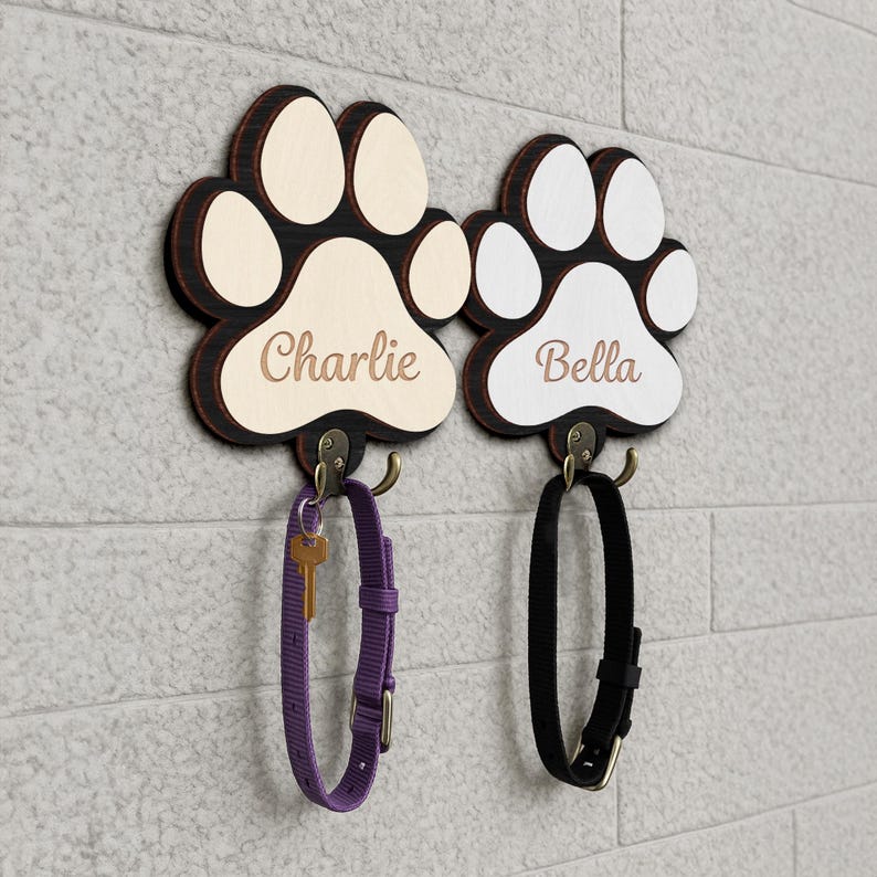 Custom Dog Paw Leash Holder, Wooden Paw Print Hook, Pet Collar Storage ...