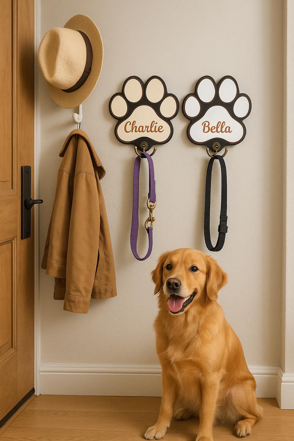 Custom Dog Paw Leash Holder, Wooden Paw Print Hook, Pet Collar Storage ...