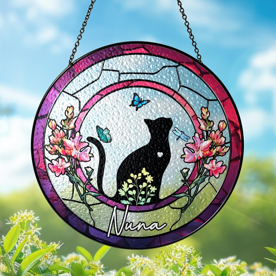 Cat Stained Glass, Black Cat Glass Art, Cat Sympathy Gift, Wall Hanging ...